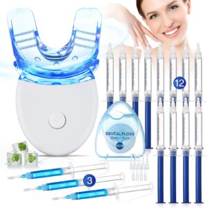 teeth whitening kit with blue light, professional teeth whitener with 12 whitening gel, 3 soothing gel, mouth tray- remove stains from coffee,smoking,wines- 15 minutes effective home tooth whitening