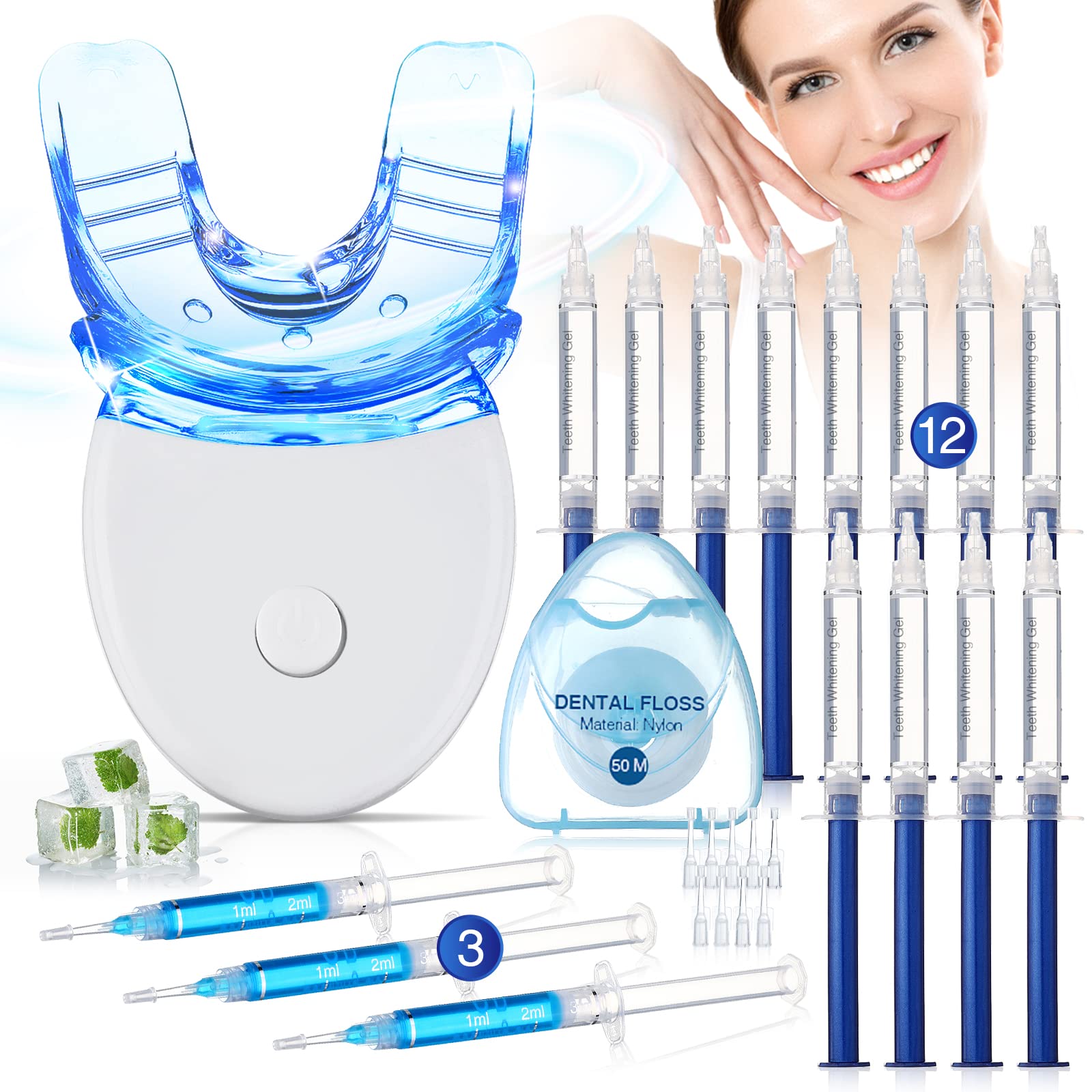 Teeth Whitening Kit with Blue Light, Professional Teeth Whitener with 12 Whitening Gel, 3 Soothing Gel, Mouth Tray- Remove Stains from Coffee,Smoking,Wines- 15 Minutes Effective Home Tooth Whitening