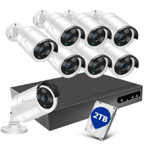 gt hitgx 5mp poe security camera system, nvr camera system, 8pcs wired 5mp outdoor poe ip cameras, with 2tb hdd for 24-7 recording, h.265 + home security camera with night vision, with audio [8ch]