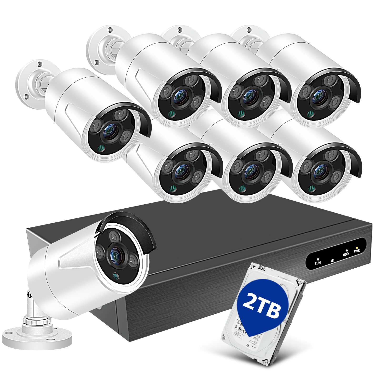 GT HITGX 5MP PoE Security Camera System, NVR Camera System, 8pcs Wired 5MP Outdoor POE IP Cameras, with 2TB HDD for 24-7 Recording, H.265 + Home Security Camera with Night Vision, with Audio [8CH]