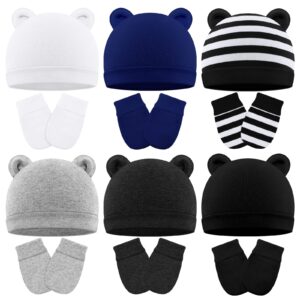 uratot 6 sets newborn baby hats mittens sets unisex cotton bear ears infant caps beanie hat no scratch mittens for 0-3 months