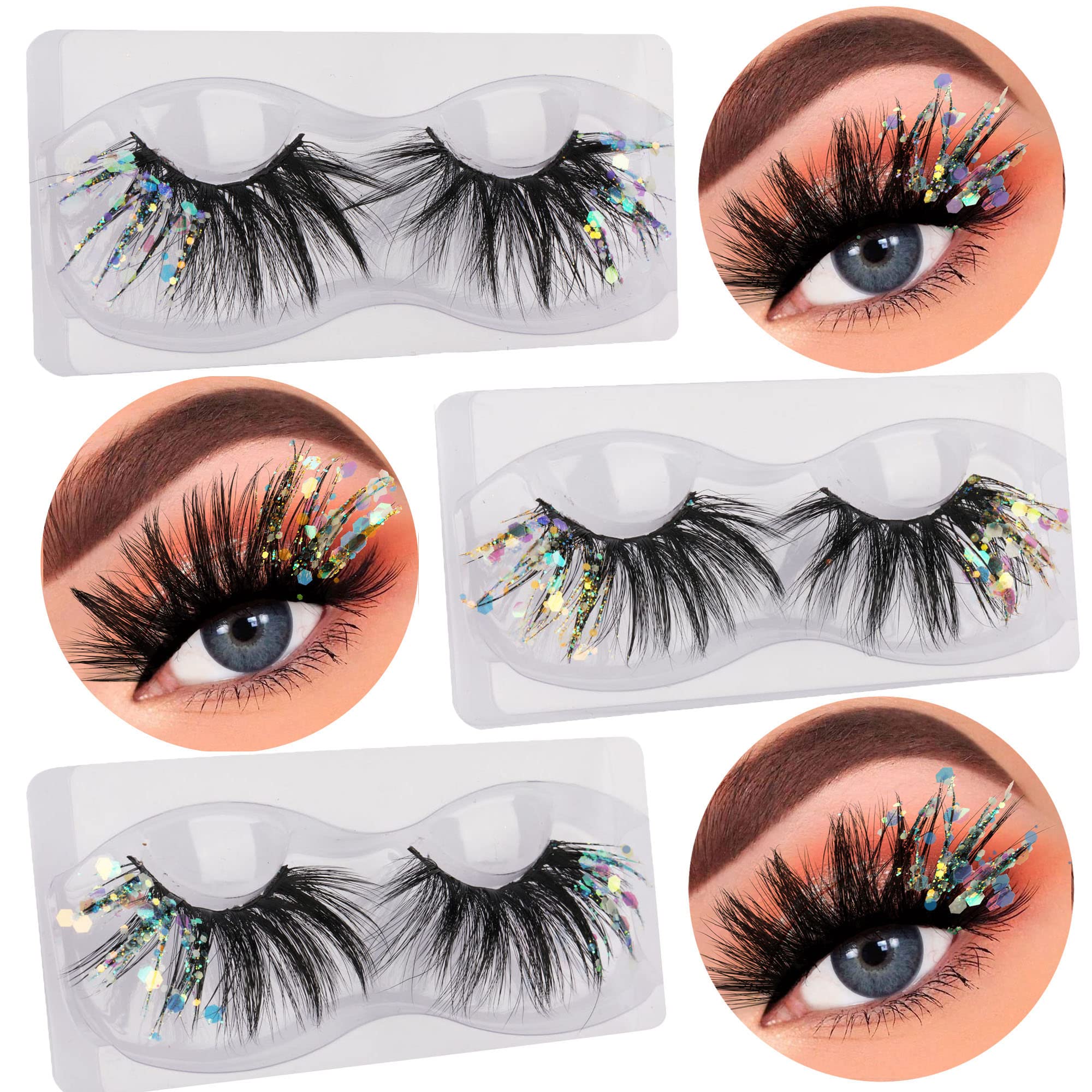 False Eyelashes Dramatic Glitter Lashes Fluffy Drag Queen Mermaid Makeup DIY Lashes Decorative Eyelashes 3 Different Style FANXITON Fake Eyelashes Multipack