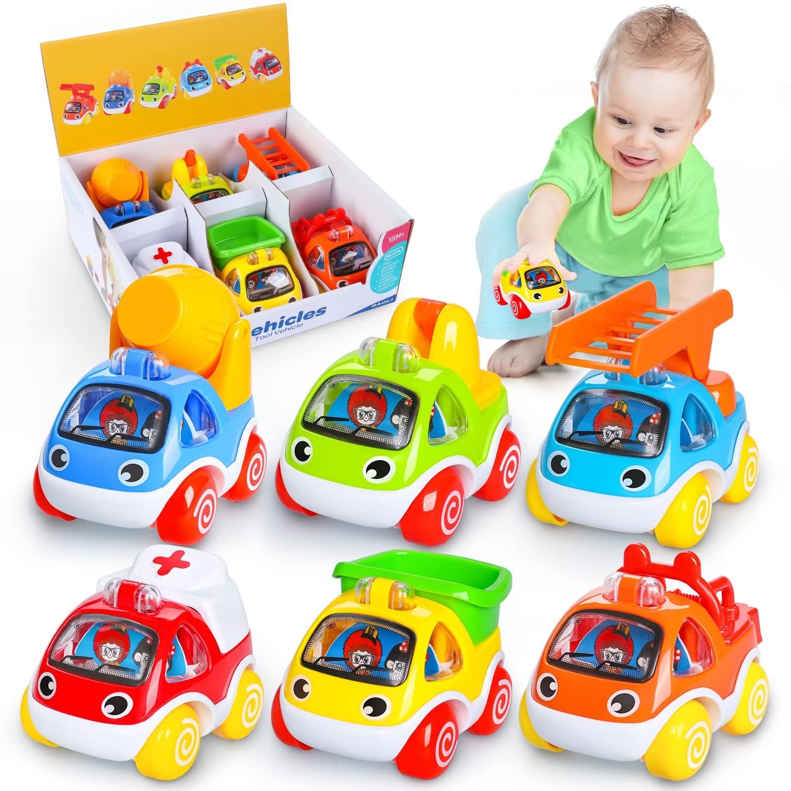 Palmatte Toy Cars for 1 Year Old Boy Gifts 6 Pack Pull Back Cars for Toddlers 1-3 Educational Baby Boy Toys for 12-18 Months Learning Car Toys for Toddlers 1-3 Best One Year Old Boy Birthday Gift