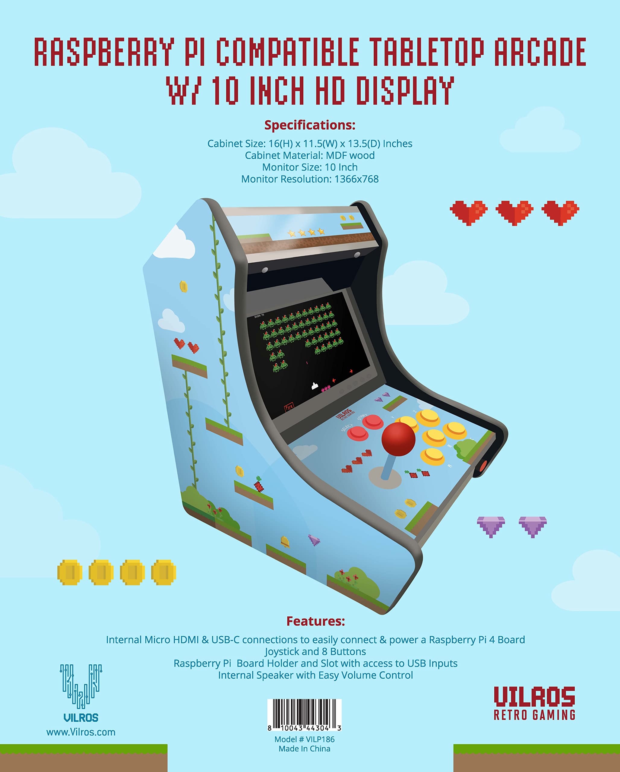 Vilros Tabletop Retro Arcade Cabinet with 10" HD Display - Compatible with Raspberry Pi