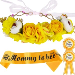 baby shower decoration for mom to be and dad to be, yellow flowers style tiara + yellow & black sash + yellow & white "daddy to be" pin, maternity gift for her and him