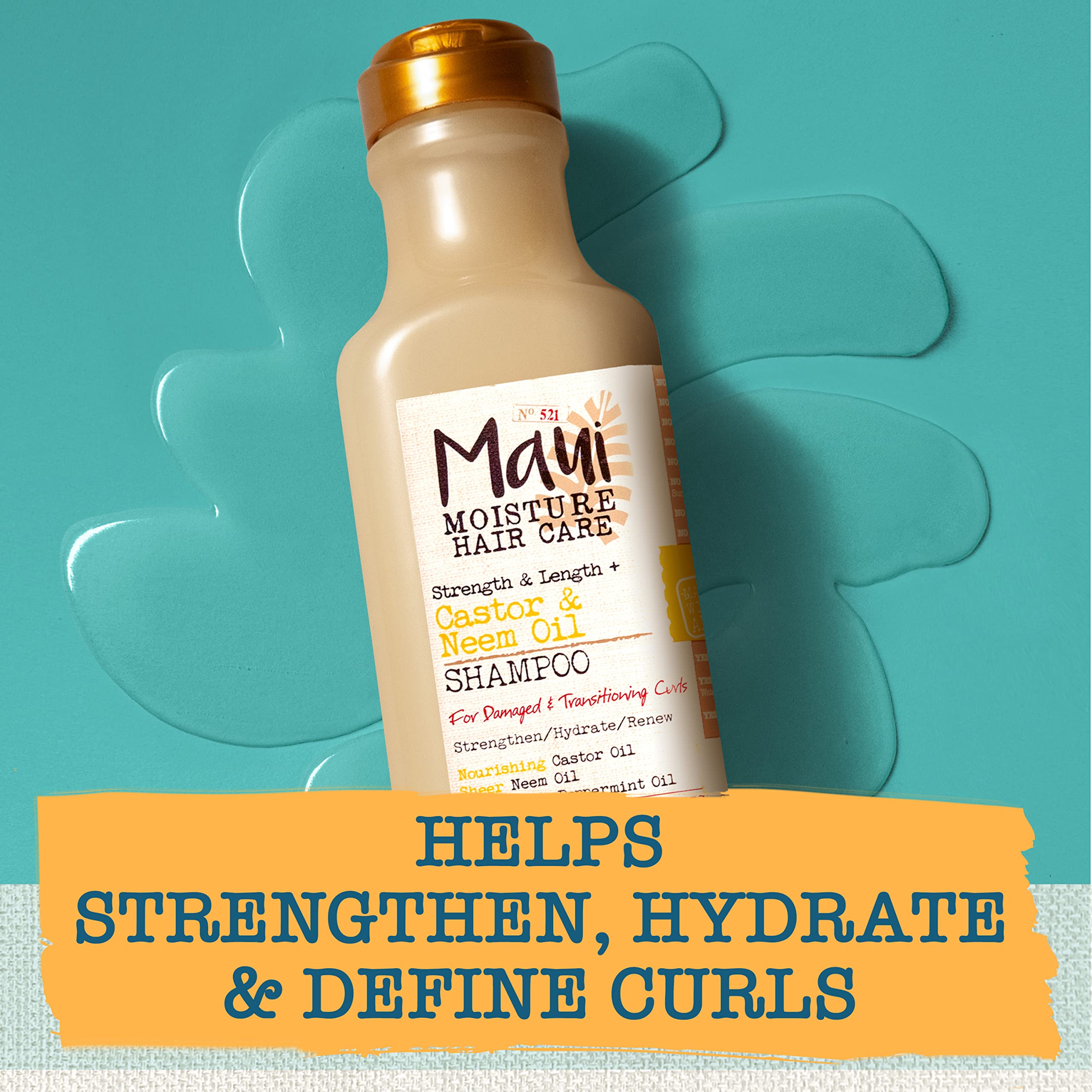 Maui Moisture Strength & Length + Castor & Neem Oil Shampoo, Curly Hair Product for Dry, Damaged Hair, 13 Fl Oz