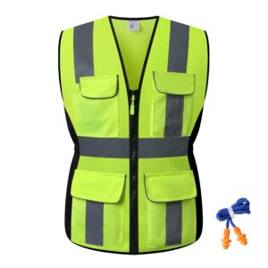 rsminuo reflective safety vest for women, high visibility mesh breathable lady workwear with pockets and zipper (yellow, small)