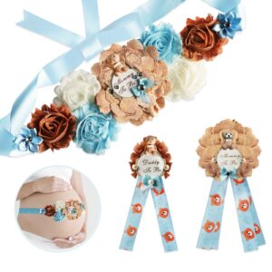 hombae blue teddy bear maternity sash belt for baby shower mommy to be & daddy to be badge corsage pin set for teddy bear baby shower decorations supplies