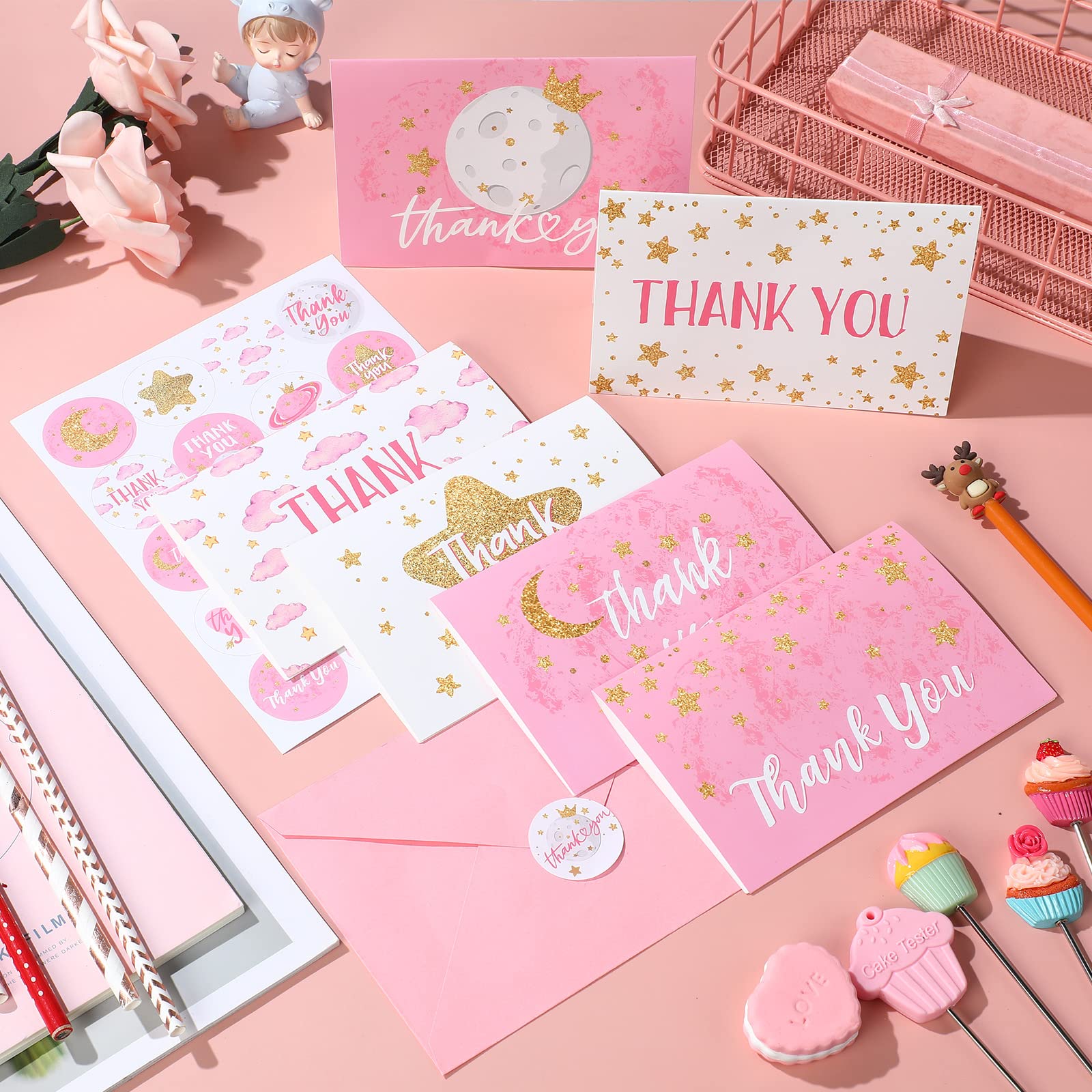 24 Pieces Stars Thank You Cards with Envelopes and Stickers for Baby Shower Party Supplies, Gold Foil Thanks Stickers Starry Delight Thanks Notes Stars Moon Gratitude Cards for Party Favors (Pink)