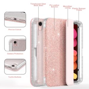 Sevrok iPad Mini 7 A17 Pro 2024/iPad Mini 6 2021 8.3 Inch - Clear Smart Slim-Fit Glitter Sparkly with Apple Pencil Pairing & Charging Holder -Folio Stand Shiny Leather Cover (Rose Gold)