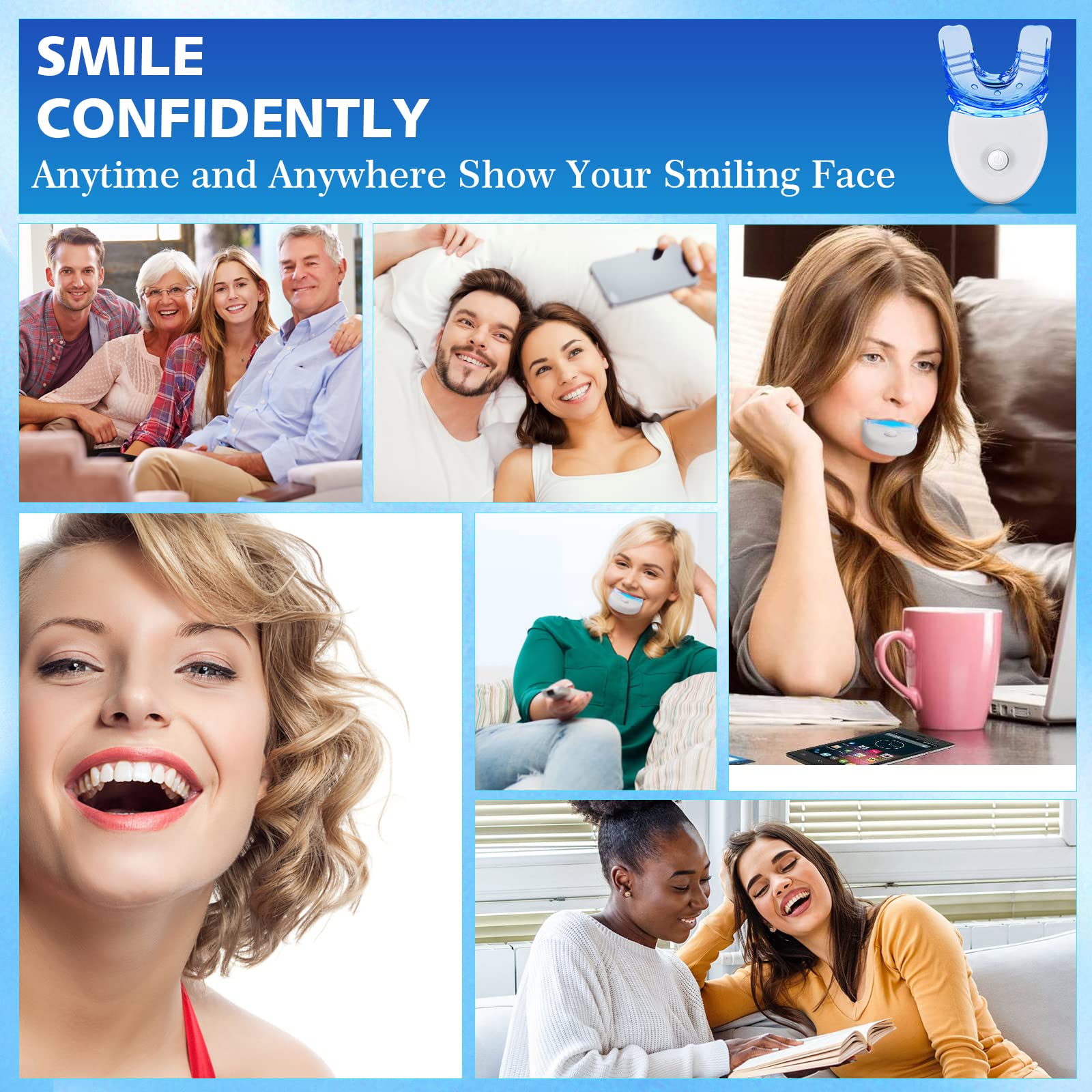 Teeth Whitening Kit with Blue Light, Professional Teeth Whitener with 12 Whitening Gel, 3 Soothing Gel, Mouth Tray- Remove Stains from Coffee,Smoking,Wines- 15 Minutes Effective Home Tooth Whitening