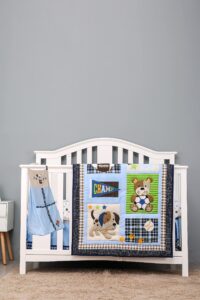 3 pcs blue sports theme nursery crib bedding set baby boy embroidery puppy sport themed baby boy cot bedding set 1 quilt 1 fitted sheet 1 diaper storage bag