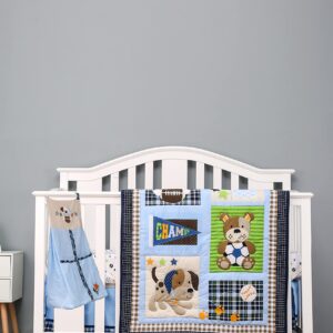 3 PCs Blue Sports Theme Nursery Crib Bedding Set Baby Boy Embroidery Puppy Sport Themed Baby Boy Cot Bedding Set 1 Quilt 1 Fitted Sheet 1 Diaper Storage Bag