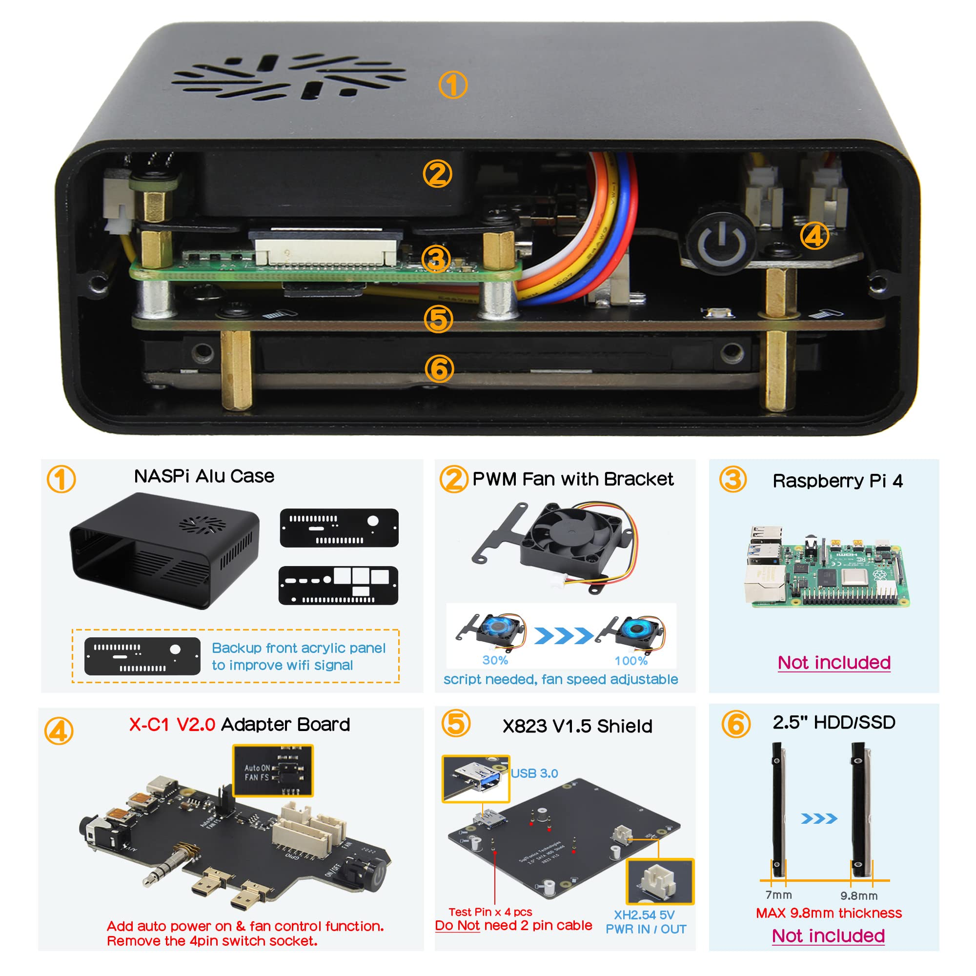 Geekworm NASPi V2.0 2.5 inch SATA HDD/SSD NAS Storage Kit + 20W 5V 4A Power Supply with Safe Shutdown Function for Raspberry Pi 4 Model B(Not Include Raspberry Pi 4)