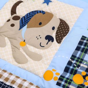 3 PCs Blue Sports Theme Nursery Crib Bedding Set Baby Boy Embroidery Puppy Sport Themed Baby Boy Cot Bedding Set 1 Quilt 1 Fitted Sheet 1 Diaper Storage Bag