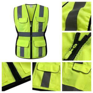 RSMINUO Reflective Safety Vest for Women, High Visibility Mesh Breathable Lady WorkWear with Pockets and Zipper (Yellow, Small)