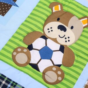 3 PCs Blue Sports Theme Nursery Crib Bedding Set Baby Boy Embroidery Puppy Sport Themed Baby Boy Cot Bedding Set 1 Quilt 1 Fitted Sheet 1 Diaper Storage Bag