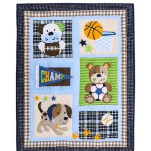 3 PCs Blue Sports Theme Nursery Crib Bedding Set Baby Boy Embroidery Puppy Sport Themed Baby Boy Cot Bedding Set 1 Quilt 1 Fitted Sheet 1 Diaper Storage Bag