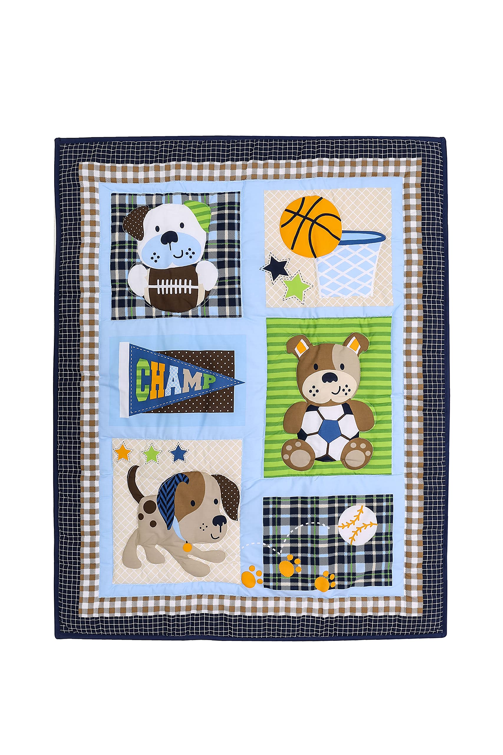 3 PCs Blue Sports Theme Nursery Crib Bedding Set Baby Boy Embroidery Puppy Sport Themed Baby Boy Cot Bedding Set 1 Quilt 1 Fitted Sheet 1 Diaper Storage Bag