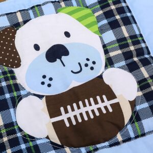 3 PCs Blue Sports Theme Nursery Crib Bedding Set Baby Boy Embroidery Puppy Sport Themed Baby Boy Cot Bedding Set 1 Quilt 1 Fitted Sheet 1 Diaper Storage Bag