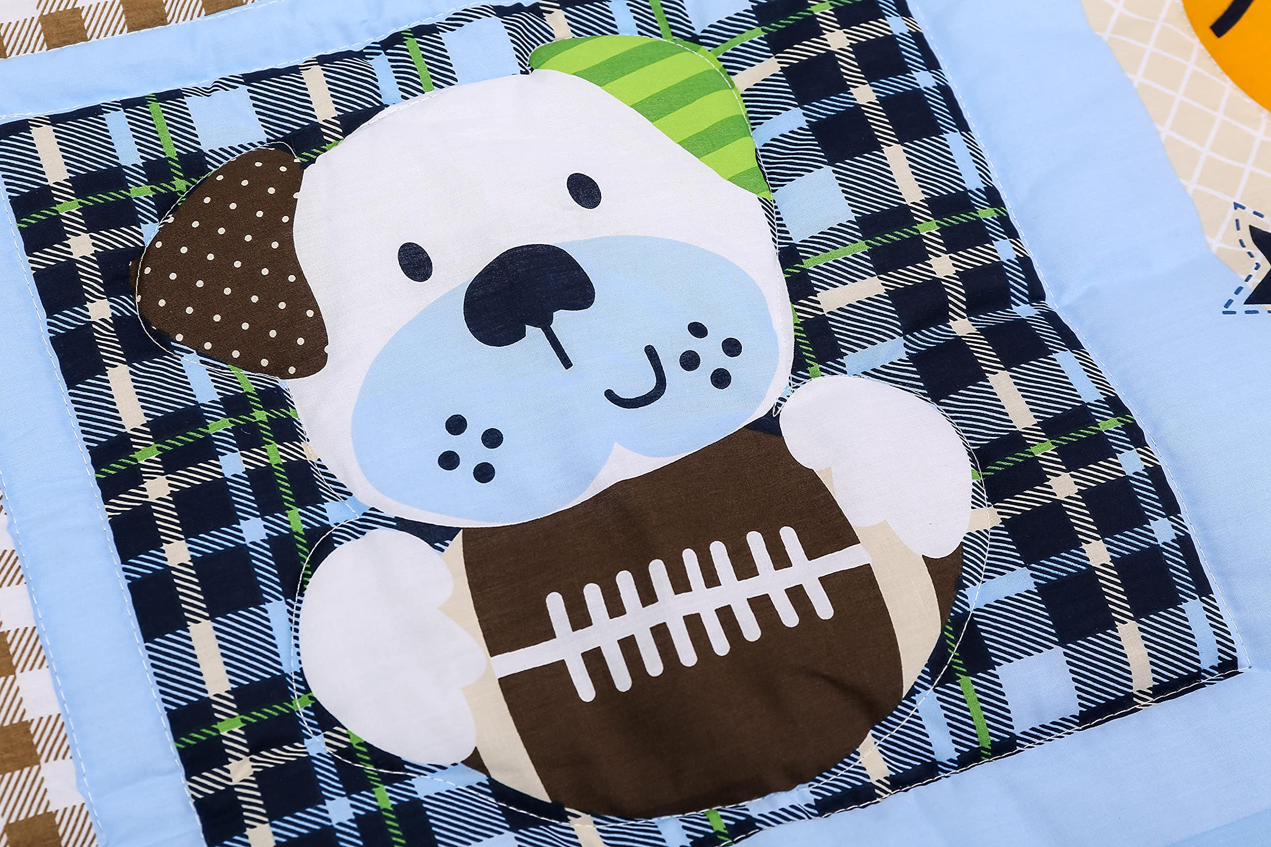 3 PCs Blue Sports Theme Nursery Crib Bedding Set Baby Boy Embroidery Puppy Sport Themed Baby Boy Cot Bedding Set 1 Quilt 1 Fitted Sheet 1 Diaper Storage Bag