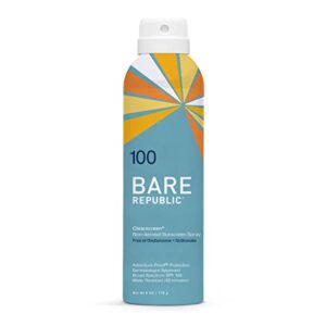 bare republic clearscreen sunscreen spf 100 sunblock spray, water resistant with an invisible finish, 6 fl oz