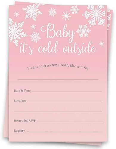 The Invite Lady Winter Baby Shower Invitation It's a Girl Snowflake Cold Outside Pink Fill in Blank Wonderland Snow DIY (15 Count)