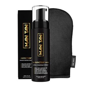 man tan sunless tanner starter pack for men | aminotan - the best clear self tan mousse for men works with hair + sweat proof (mitt & bottle) - 6.7fl