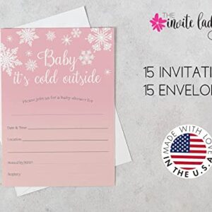 The Invite Lady Winter Baby Shower Invitation It's a Girl Snowflake Cold Outside Pink Fill in Blank Wonderland Snow DIY (15 Count)