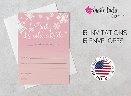 The Invite Lady Winter Baby Shower Invitation It's a Girl Snowflake Cold Outside Pink Fill in Blank Wonderland Snow DIY (15 Count)