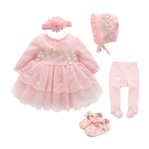 foohinck newborn baby girl dress clothes 0 3 6 months princess pink dress white baptism outfit party dress hat shoes set (pink 3, 0-3 months)