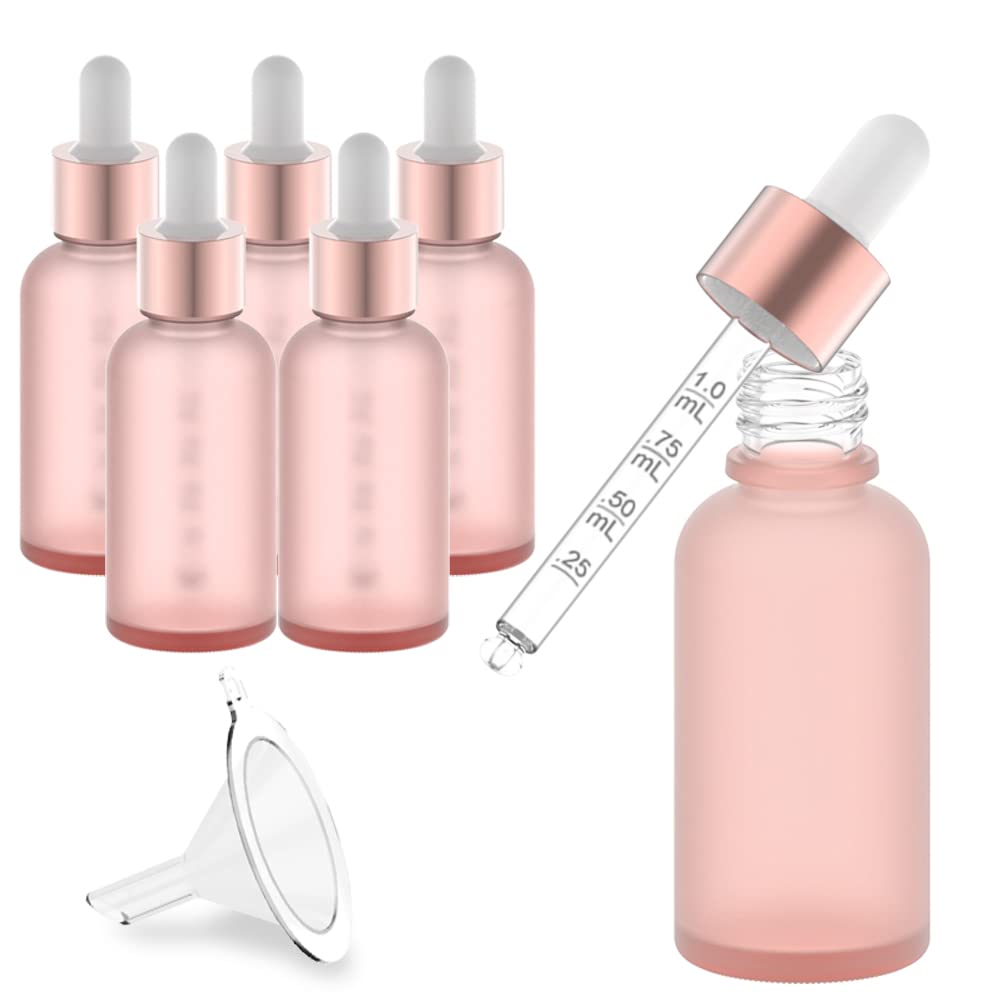 Jagolain Eye Dropper Bottles 1oz (Frosted Orange Colored Glass Bottle 6 Pack 30ml with Rose Golden Caps, Measured Pipettes) Empty refillabe Bottles for Essential Oils, Perfume (6 pcs, frosted orange)