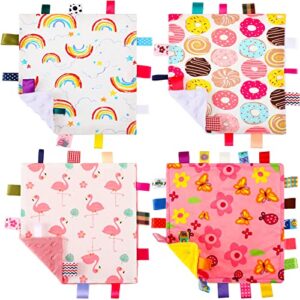 4 pieces baby tags security blankets security blankets for babies baby comfort blanket with colorful tags baby soothing towel animal bed blanket, 9.5 x 9.5 inch (cute patterns)