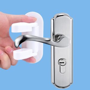 4 pack child proof door lever lock, door handle lock 3m strong adhesive baby door lock no drilling child safety durable abs simple install, no tools needed, white