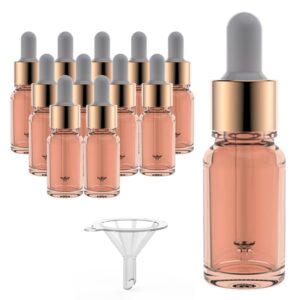 glass eye dropper bottles 1/3oz (orange colored glass bottle 12 pack 10ml with rose golden caps) travel vial bottles for essential oils, perfume (12 pcs, orange)