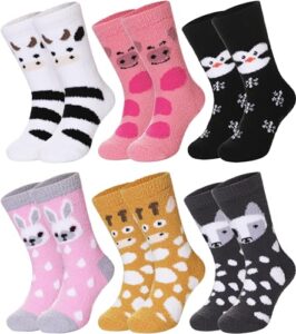 color city kids non slip fuzzy socks toddlers boys girls with grips anti-slip cozy fluffy winter warm slipper socks (6 pairs animal d, 4-7 years)