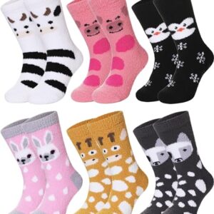 Color City Kids Non Slip Fuzzy Socks Toddlers Boys Girls with Grips Anti-Slip Cozy Fluffy Winter Warm Slipper Socks (6 Pairs Animal D, 4-7 Years)