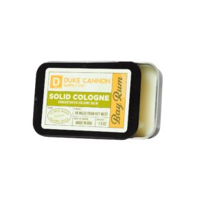 duke cannon supply co. solid cologne for men bay rum (citrus musk, cedarwood, island spice) - concentrated balm, travel-friendly convenient tin, made with natural & organic ingredients 1.5 oz (1 unit)