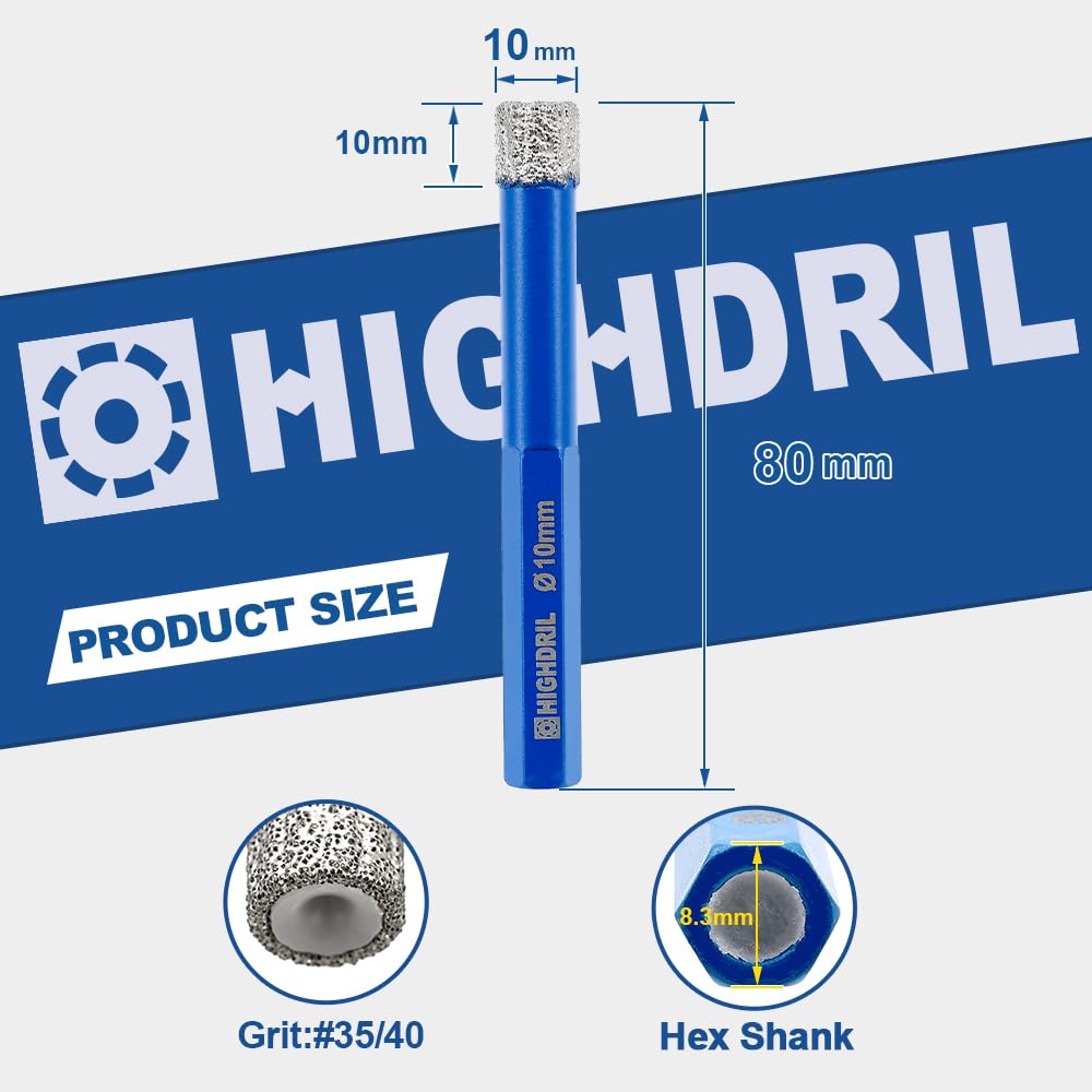 Dry Diamond Tile Drill Bit with Hex Shank,HIGHDRIL Diameter 2pcs 3/8"(10mm) for Porcelain Ceramic Granite Marble Hard Materials Electric Drill Diamond Core Bit