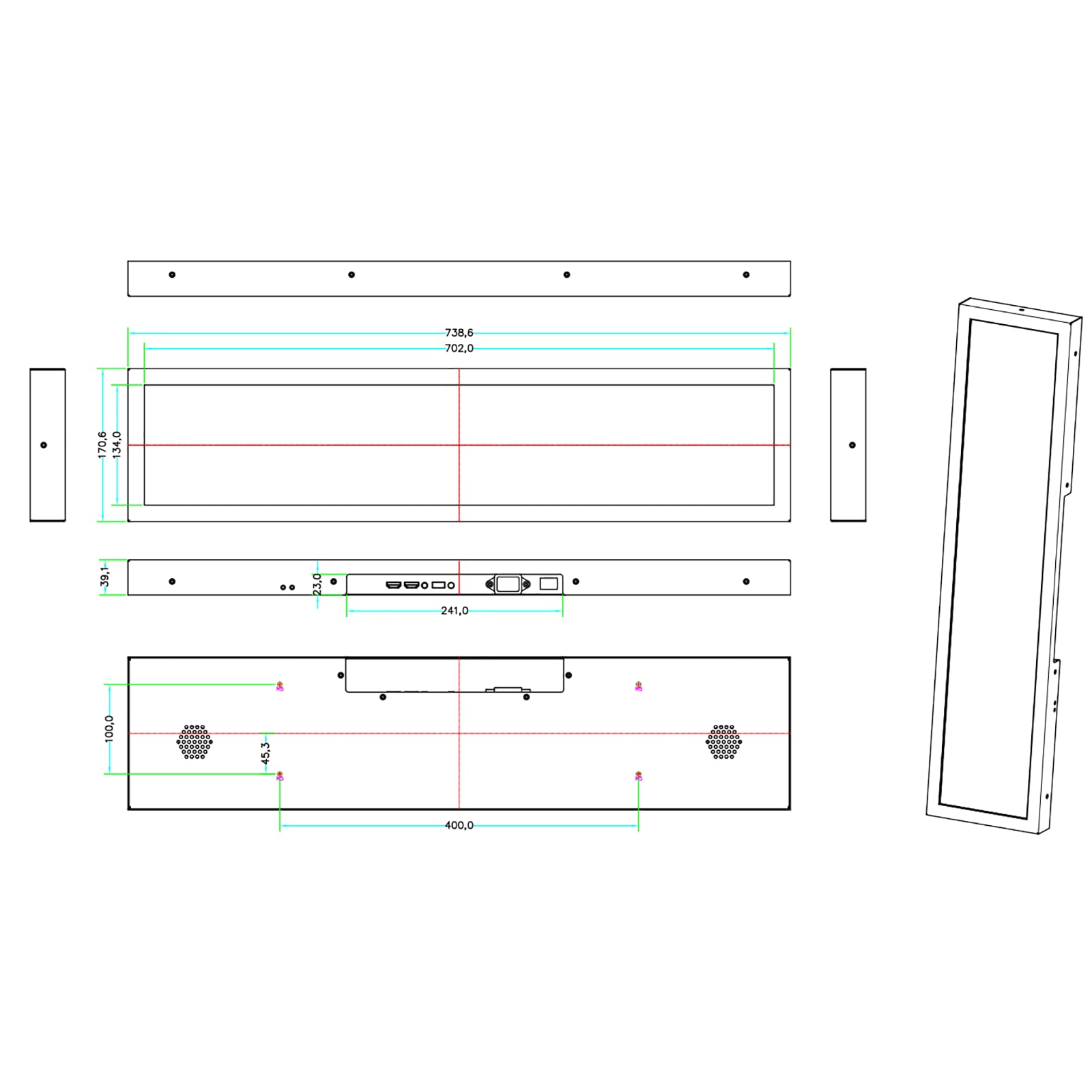 28 inch Stretched Bar LCD Panel Monitor Resolution 1920×360 Machine External Dimension 738x171x39mm with 2HDMI USB Input