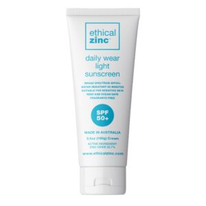 ethical zinc daily wear light mineral sunscreen zinc oxide physical spf 50+ water resistant natural, sensitive skin, reef safe, made in australia, broad spectrum protection, suitable for kids, face