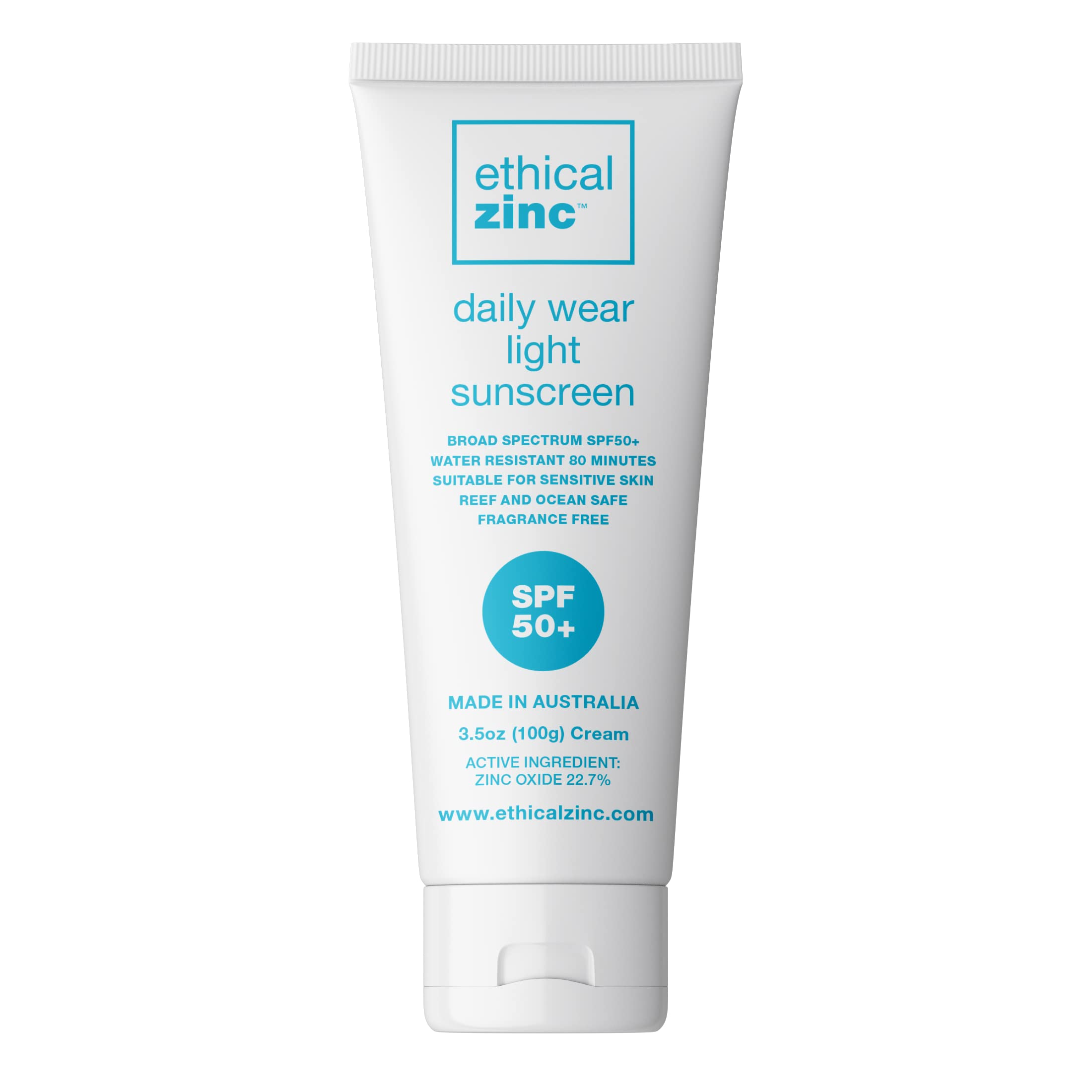 Ethical Zinc Daily Wear Light Mineral Sunscreen Zinc Oxide Physical SPF 50+ Water Resistant Natural, Sensitive Skin, Reef Safe, Made in Australia, Broad Spectrum Protection, Suitable for Kids, Face