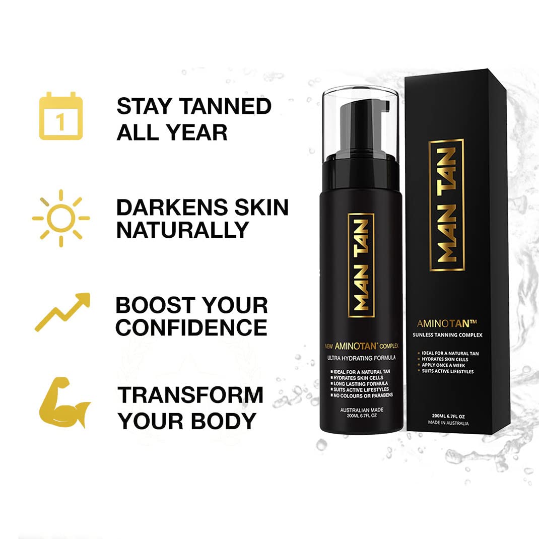 MAN TAN Sunless Tanner Starter Pack For Men | AMINOTAN - The Best Clear Self Tan Mousse For Men Works With Hair + Sweat Proof (Mitt & Bottle) - 6.7fl