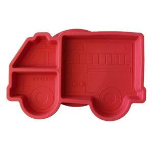 our little cubs firetruck toddler silicone suction plates - 3 divided sections, microwave & dishwasher safe