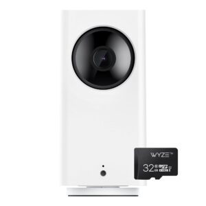 wyze cam pan v2 1080p pan/tilt/zoom wi-fi indoor smart home camera with color night vision, 2-way audio, compatible with alexa & the google assistant 32gb microsdhc card class 10