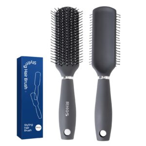 rhos hair brush for men - detangler hair brush for styling/massage - nylon bristles for wet & dry hair, bangs, thin, short hair - gray