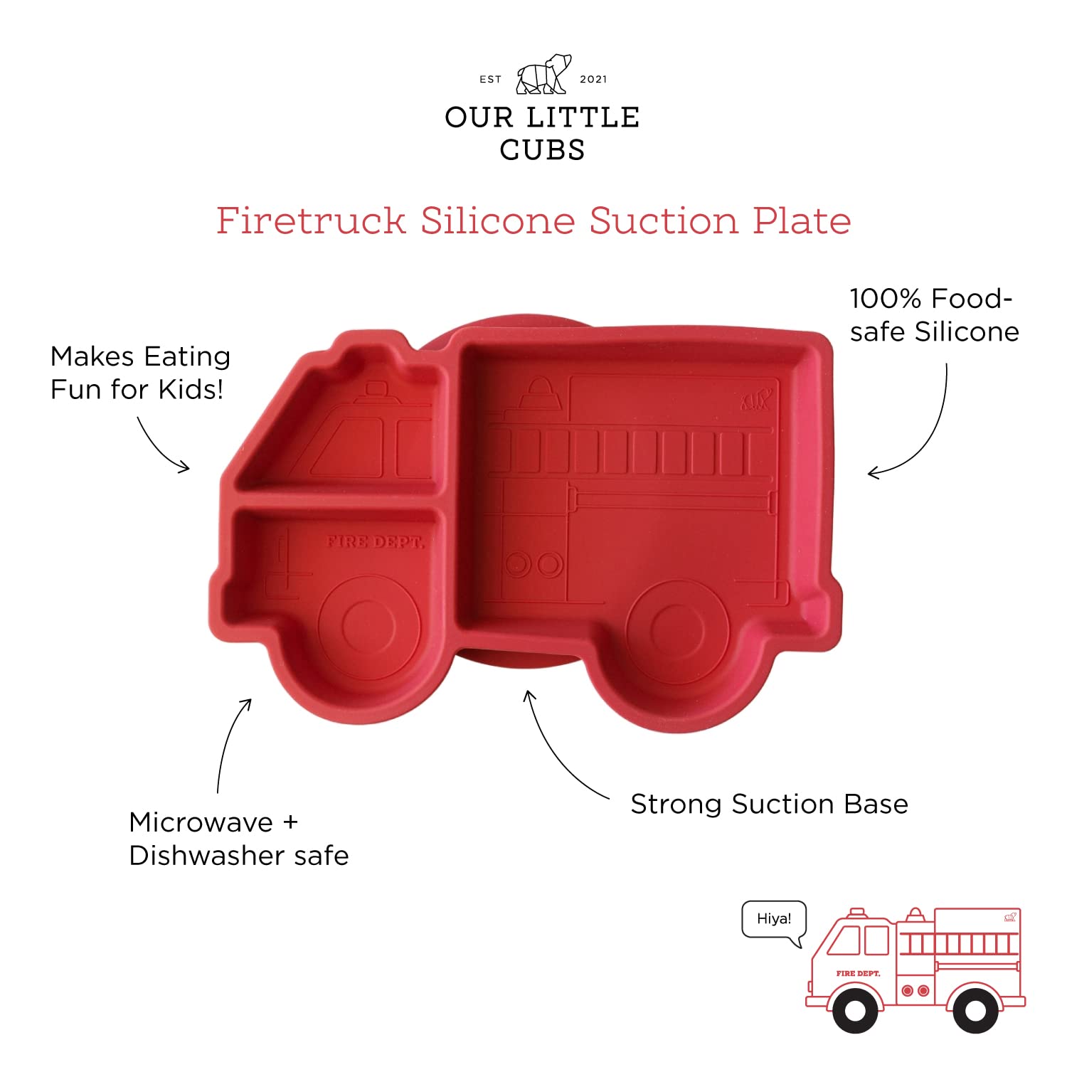 Our Little Cubs Firetruck Toddler Silicone Suction Plates - 3 Divided Sections, Microwave & Dishwasher Safe