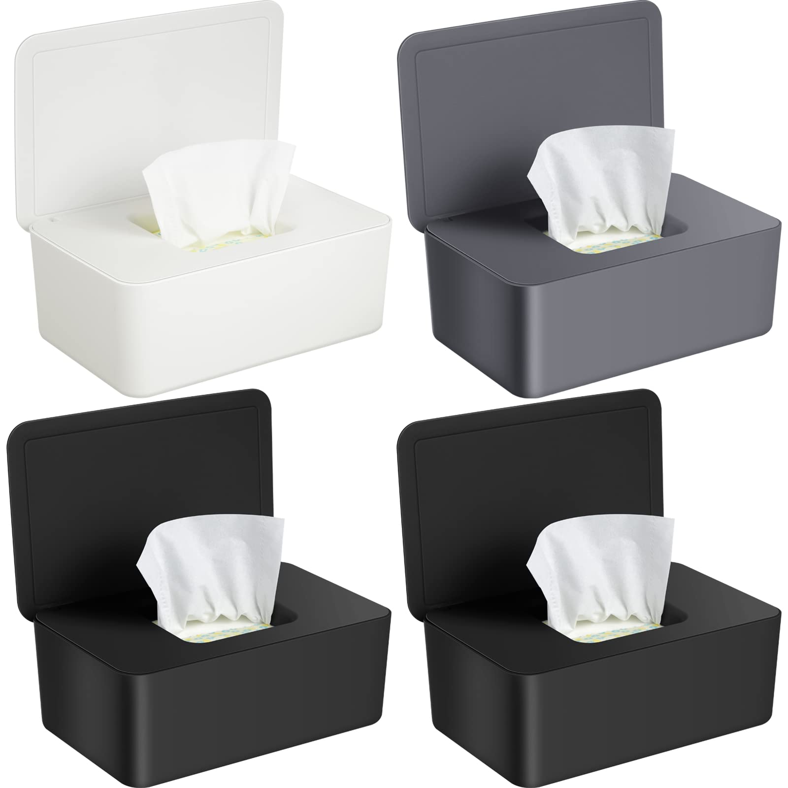 4 Pieces Baby Wipes Dispenser Wipe Container Keep Wipes Moist Baby Wipe Holder Easy Open Wet Tissue Storage Non-Slip Box Case for Bathroom Baby Nursery (Black, White, Gray)