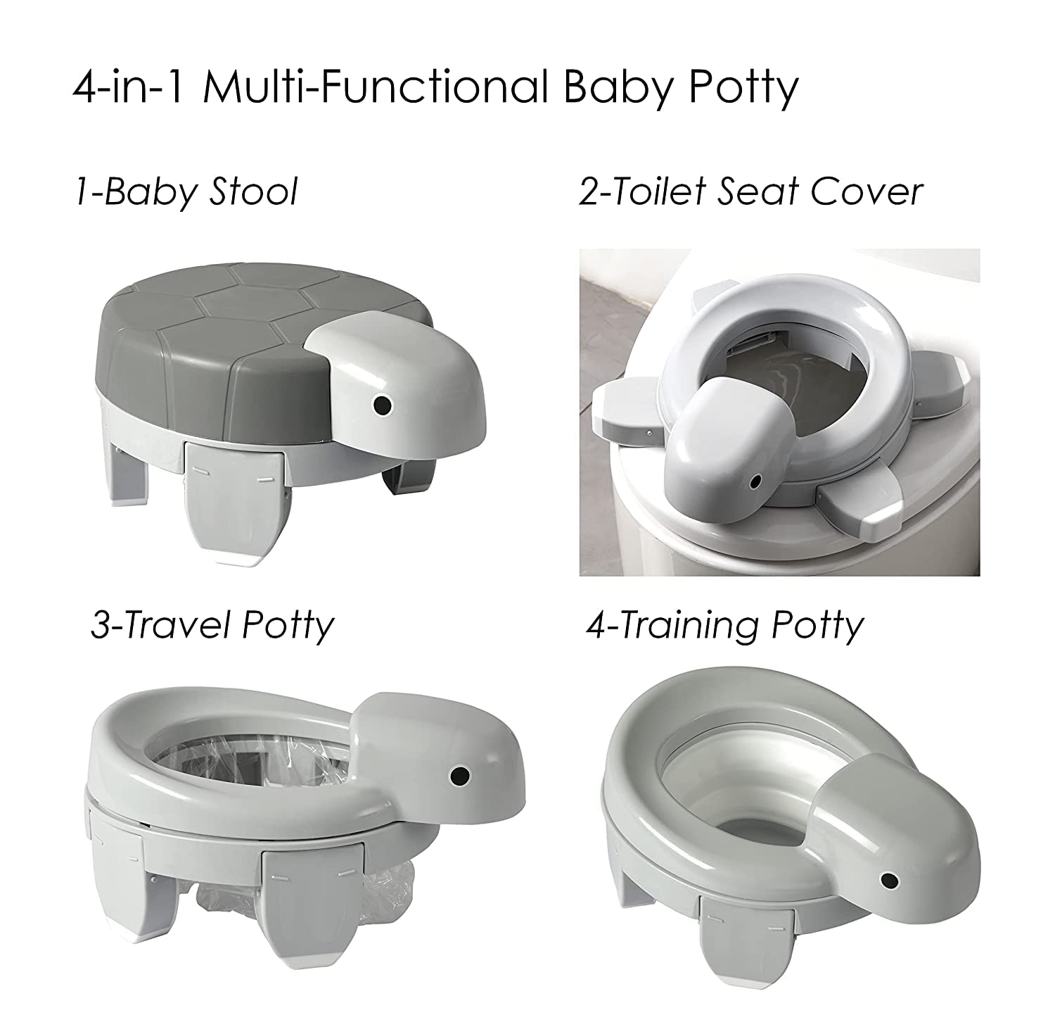 Rezlli 4 in-1 Potty Training Toilet, Portable Potty Training Seat for Toddler Travel, Foldable Baby Travel Potty with 20 Disposable Potty Liners Carry Bags (Grey)