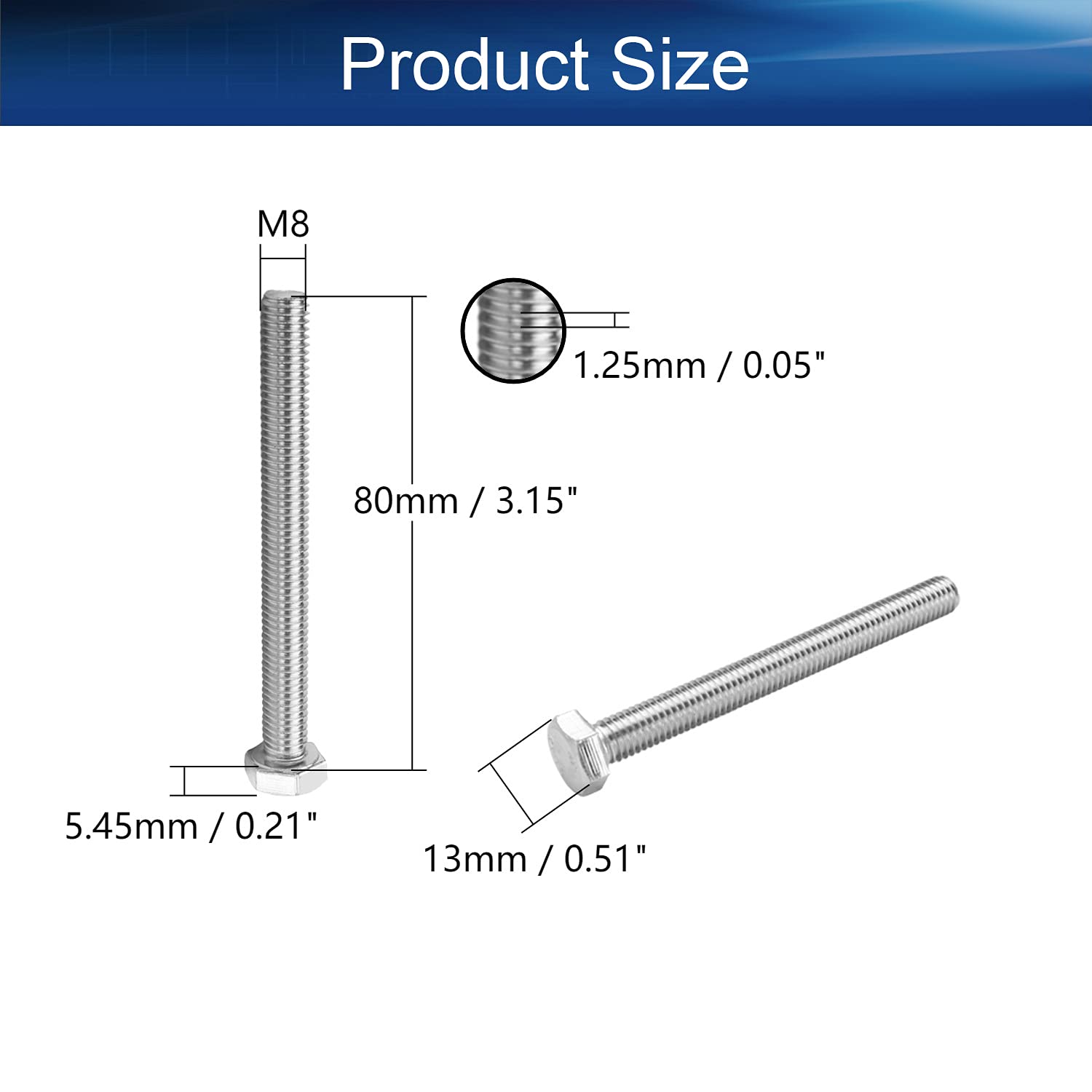 Bettomshin 10Pcs M8 x 80mm Hex Bolts, 304 Stainless Steel 1.25mm Thread Pitch Fully Threaded Metric Hex Head Screw Bolts, Hexagon Screw Bolt, Hex Tap Bolts, Silver (Overall Size 85.45x13x13mm)